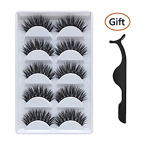 False Eyelashes, 3D Faux Mink Fake Eyelashes Handmade Dramatic Thick Crossed Cluster False Eyelashes Black Nature Fluffy Long Soft Reusable(5 Pairs)