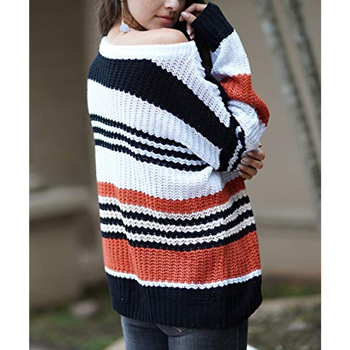 KIRUNDO 2023 Fall Winter Women's Striped Color Block Short Sweater Long Sleeve Crew Neck Casual Loose Knit Pullover Tops(Medium, 1977-Orange)