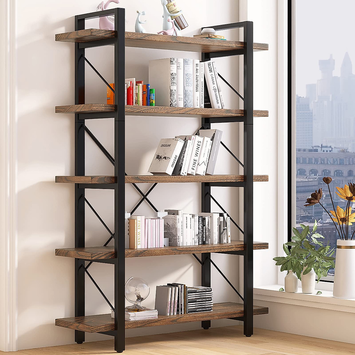 LZ-DONGMAN 5-Tier Bookshelf Large Etagere Book Shelves,Industrial Style Bookcase and Book Shelves,Open Large Real Wood Bookshelfs,Retro Brown for Living Room Office, Retro Brown (LZ01-5tier-PLUS)