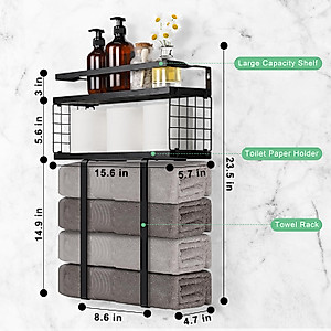 HOTEC Wall-Mounted Towel Rack for Bathroom with Large Capacity Shelf Space Saving Towel Holder for Bathroom Storage, for Small Bathrooms, Apartments, RVs Durable and Stylish Metal and Wood Design