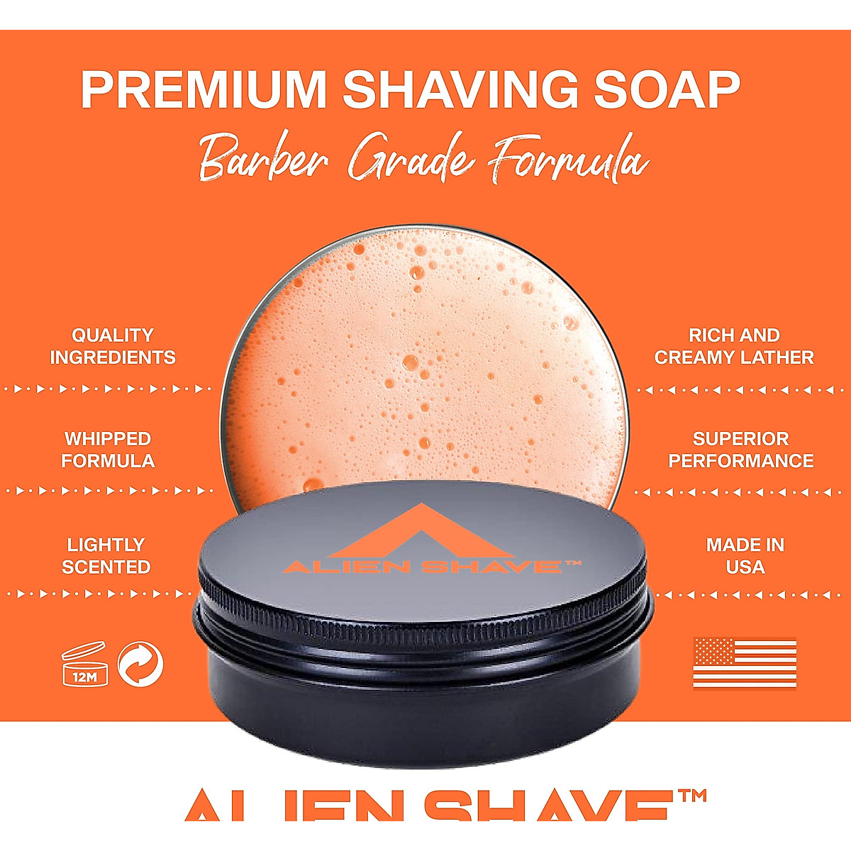 Alien Shave Premium Shaving Soap For Men (Solar Orange). Powered with Coconut Oil & Glycerin 4 Oz (1-Pack)