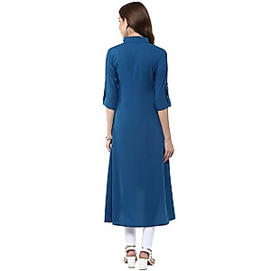 Janasya Women's Crepe Kurti Tunic Tops,Blue,Large,Blue,Large