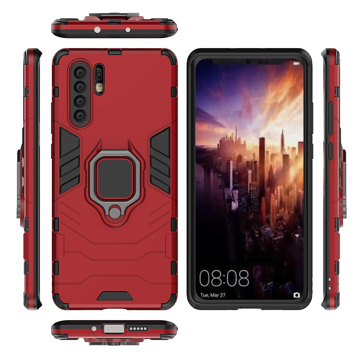 Phone Case for Huawei P30 Pro with Tempered Glass Screen Protector Cover and Magnetic Ring Holder Stand Kickstand Slim Hard Cell Accessories Huwai Hawaii Hwauei Haweii P 30 30pro Men Women Cases Red