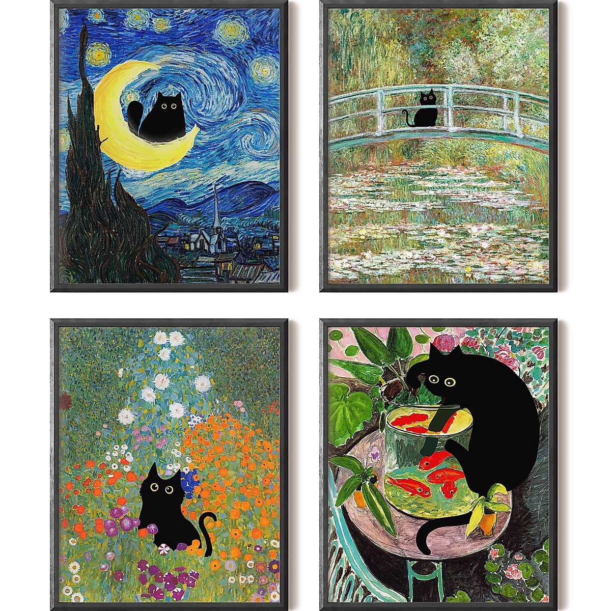 Famous Artists Wall Art Prints, Set of 4, Unframed, Size 8x10 Inch (Black Cat 2)