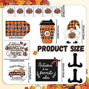 Maitys 13 Pcs Fall Tiered Tray Decor Set Thanksgiving Pumpkin Gnome Rustic Farmhouse Decor Fall Decor Autumn Harvest Decorative Trays Wooden Tabletop Signs for Home Kitchen(Orange Plaid Style)