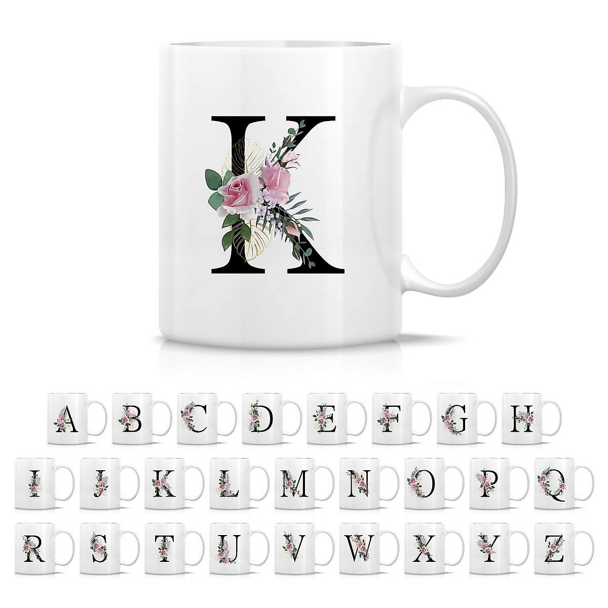 Retreez Initial A-Z Floral Botanical Bouquet Alphabet Monogrammed Monogram Mug 11 Oz Ceramic Tea Coffee Mugs - Appreciation Thank You Wedding Birthday Gifts for her friend coworker sister - K Initial
