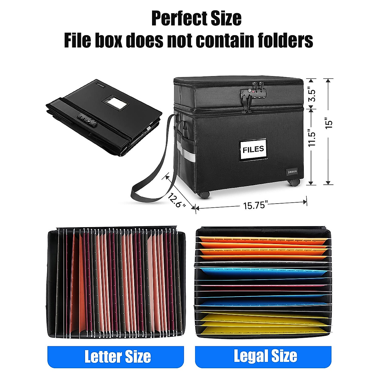 DEEGO Rolling File Box, Fireproof Document Box with Wheels Multi-Layer Water-Resistant File Organizer Portable file Cabinet Document Safe filing box for Home Office for Hanging Letter/Legal Folder