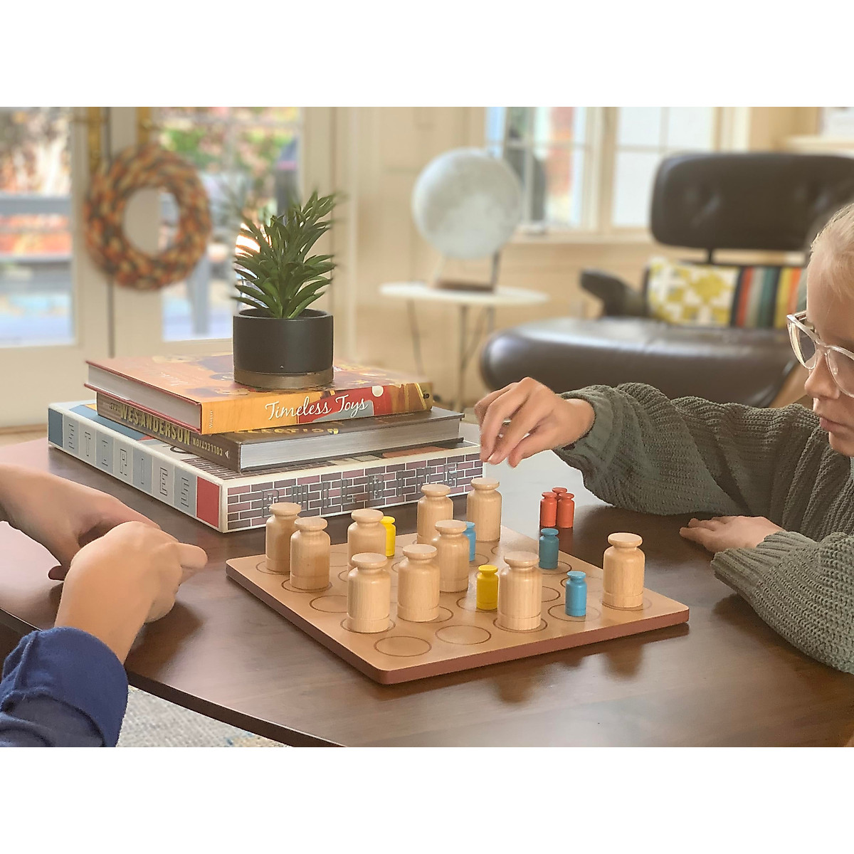 ROO Games Kloak - Wooden Strategy Board Game for Kids and Adults - for Ages 8-9-10-11+ - Kloak and Unkloak to Get Three in A Row - Premium Wooden Game