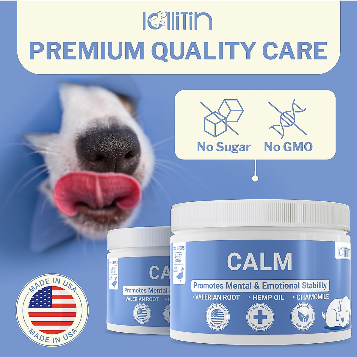 Lollitin Calming Chews for Dogs - Separation Anxiety, Grooming, Fireworks, Storms, Barking - Reduce Stress, Tension - All-Natural - Duck Flavor - 120 Chews - Small, Medium, Large Dogs, All Breeds
