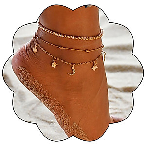 Jeweky Boho Three Layered Beaded Ankle Bracelets Gold Moon Summer Beach Anklet Chain for Women