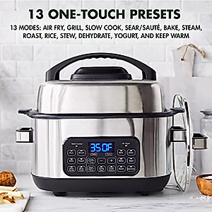 GreenPan Stainless Steel 13-in-1 Air Fryer Slow Cooker & Grill, Presets to Steam Saute Broil Bake and Cook Rice, Healthy Ceramic Nonstick and Dishwasher Safe Parts, Easy-to-use LED Display