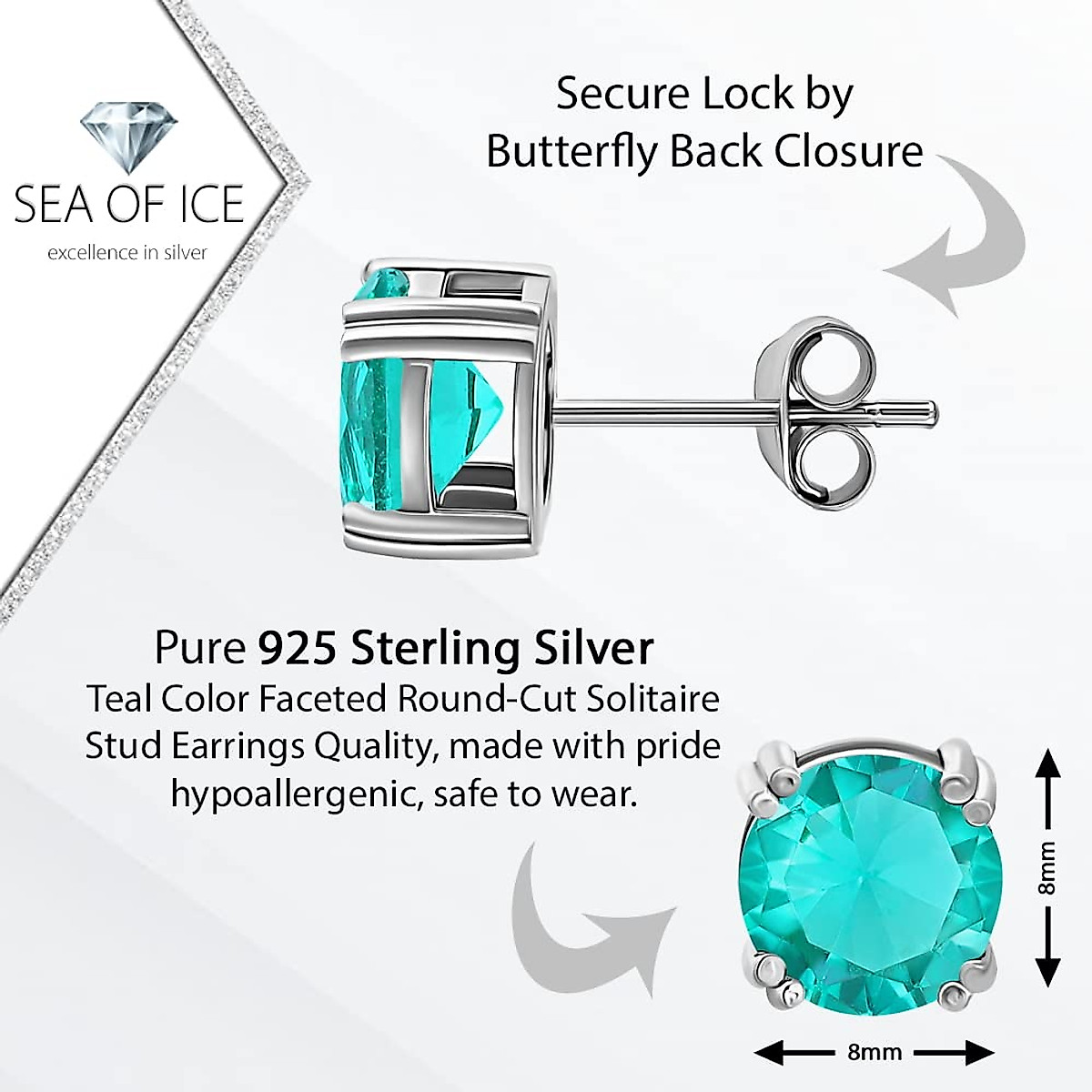 Sea of Ice Sterling Silver Round-Cut Simulated Gemstone Stud Earing for Women – Simulated Teal Faceted Gemstone cut 8 mm - Elegant Sterling Silver Earrings for Women – Nickel-Free