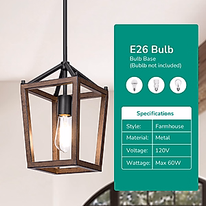 EDISHINE pendant lights for Kitchen Island, 1-Light Farmhouse Cage Hanging Light Fixtures, Rustic Wood with Brown Finish, Adjustable Height Pendant Light for Dining Room, Allway and Foyer