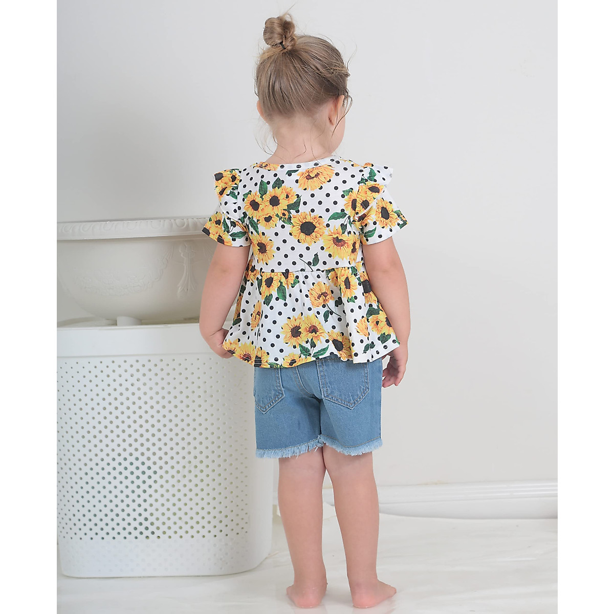 XUANHAO 2T 3T Girl Clothes Toddler Clothes For Girls Summer Outfits Short Sleeve Ruffle Floral Sunflower Top Ripped Denim Short Jeans Toddler Girl Clothes 2T 3T