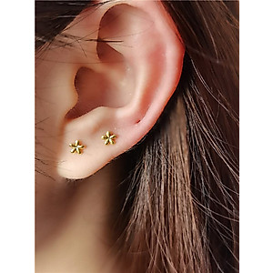 18G Tiny Flower Stud Cartilage Earrings for Women Girls 925 Sterling Silver Mini Cute Daisy 3mm Ball Barbell Screw Back Studs Sleeper Tragus Post Minimalist Hypoallergenic Piercing Body Jewelry (Gold)