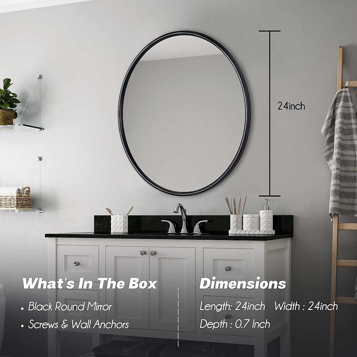 Round Mirror, Black Round Mirror 24 Inch, Round Wall Mirror, Round Bathroom Mirror, Circle Mirrors for Wall, Metal Framed Mirror for Bathroom, Vanity, Bedroom, Entryway, Hallway