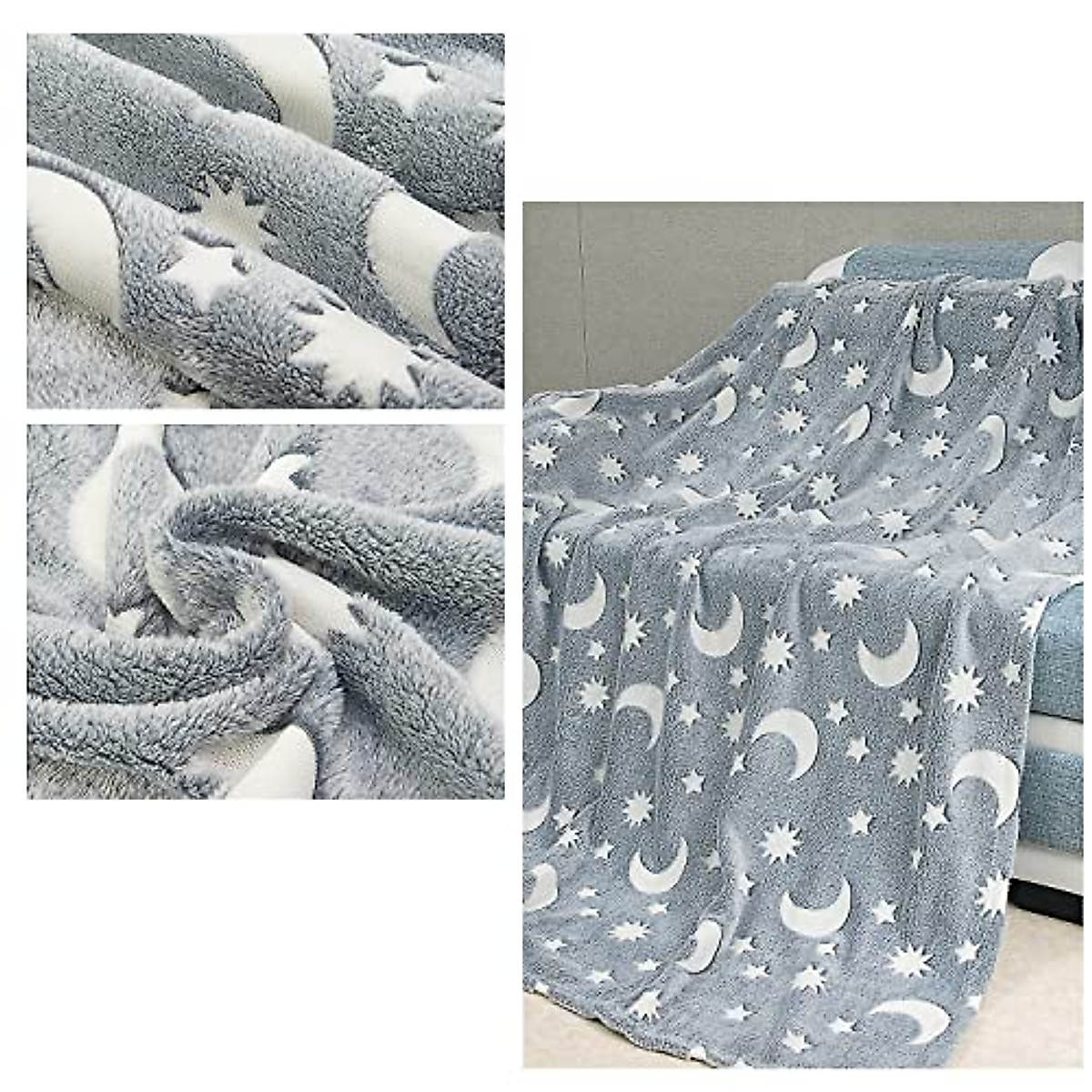 QH Seamless Star & Moon Gray Glow in The Dark Throw Blanket Luminous Blanket-Fun, Cozy Fleece Throw Blanket Made for Great Gifts 60in x 50in