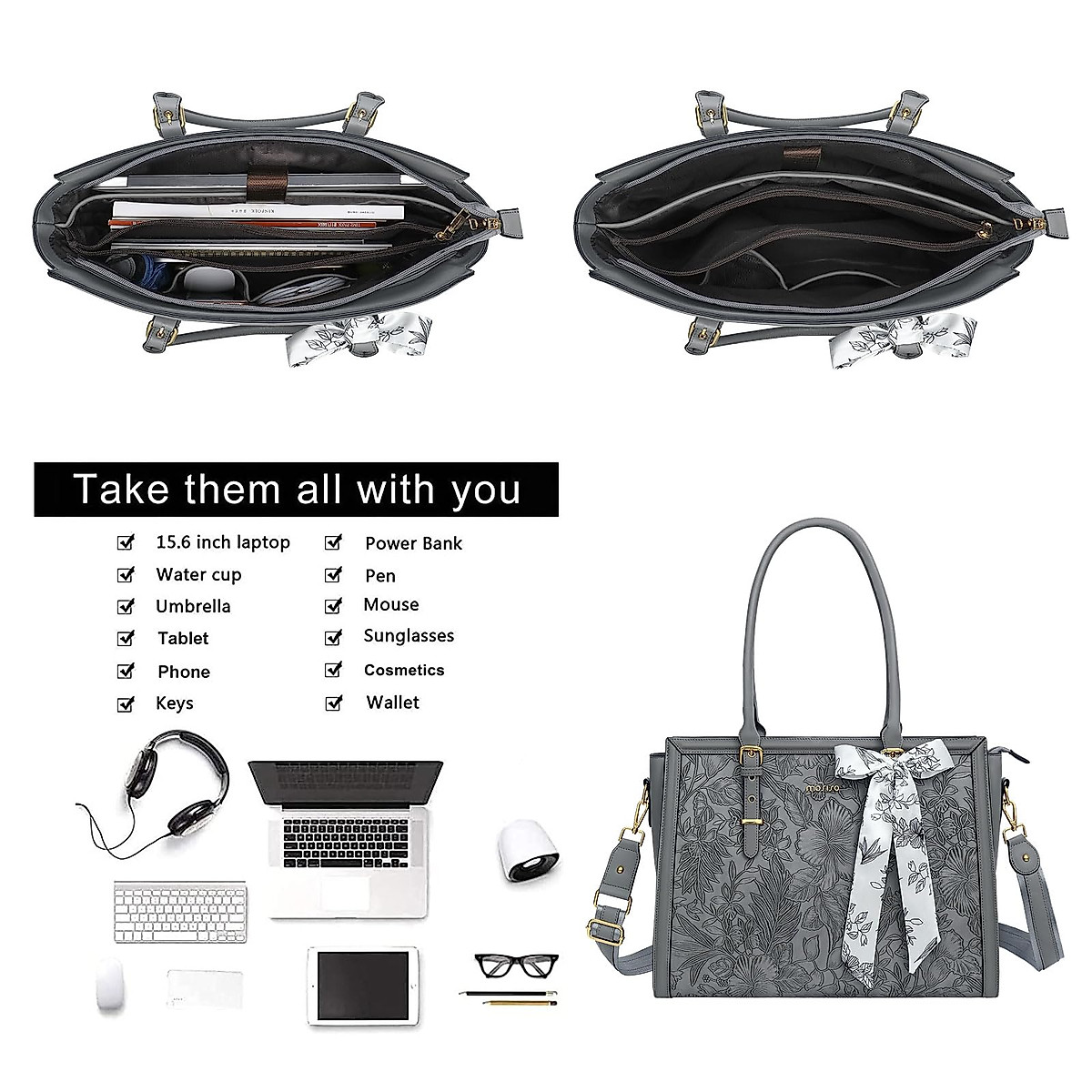 MOSISO Laptop Bag for Women, 17-17.3 inch PU Leathe Tote Bag Compatible with MacBook, HP, Dell, Asus Notebook, Front Embossed Retro Hibiscus Computer Bag with Silk Scarf&Clutch Purse, Gray