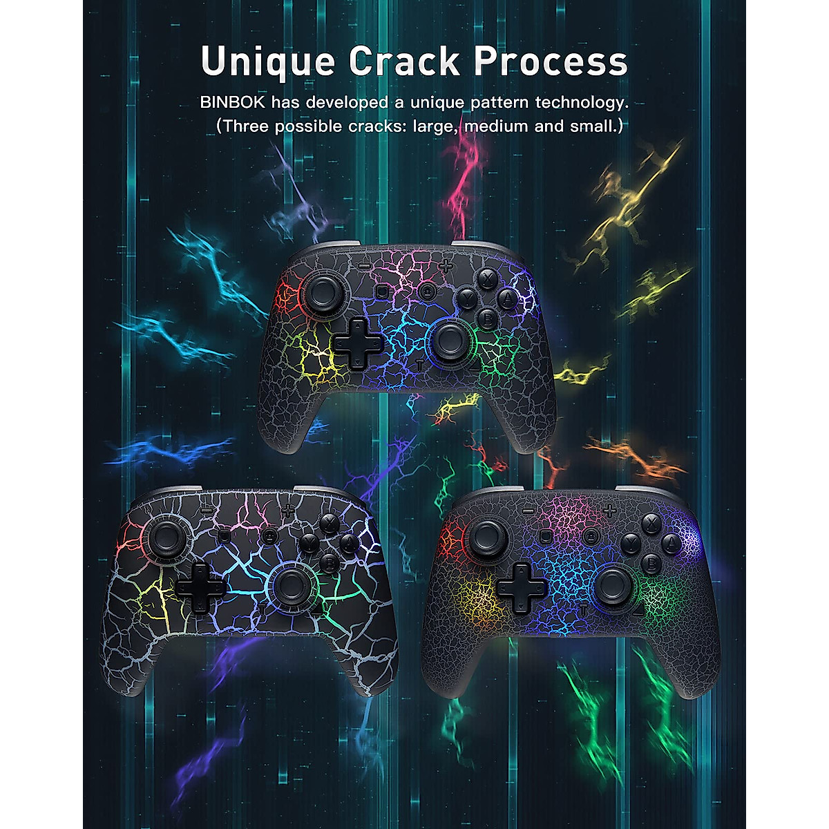 Switch Controller, Wireless Switch Pro Controller for Switch/Switch Lite/Switch OLED, 8 Colors Adjustable LED Wireless Remote Gamepad with Unique Crack/Turbo/Motion Control (Black)