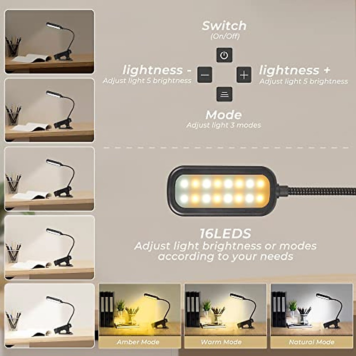 QEZEZA Book Light for Reading in Bed, USB-C Rechargeable Book Light, Reading Light with 16 LEDs, 5 Brightness and 3 Color Modes,1000 mAh Strong Battery Life, 1 Hour Charge for Whole Day Working