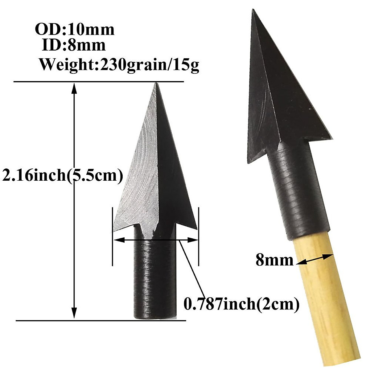 AMEYXGS 6/12pcs 8mm Diameter Metal Traditional Broadheads Archery Glue on Arrowheads for Wooden Bamboo Arrows (12)