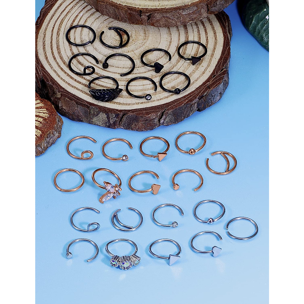 Vsnnsns 20G Nose Rings Hoop Nose Piercing Jewelry Stainless Surgical Steel Daith Rook Cartilage Helix Earrings Hoop Ear Nose Septum Rings Body Piercing Jewelry for Women Men 8mm 27 PCS