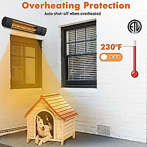 PATIOBOSS Electric Patio Heater - Outdoor Heater Wall Mounted Super Quiet 1500W Fast Heat Gold Tube Infrared Space Heater with Remote Control Safe Overheat Protection Ceiling Hang for Garage IP65
