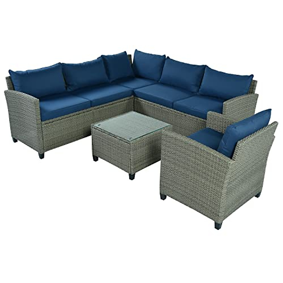 EMKK Outdoor Patio Furniture Conversation Set 5 Pieces All Weather PE Wicker Rattan Sectional Sofa Couch with Cushions and Glass Table for Lawn, Backyard, Garden, C-Blue