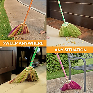 SN SKENNOVA Asian Broom -Beautiful Handmade Retro Grass Broom with Traditional Thai Embroidery On 24" Bamboo Handle, Thick & Sturdy for Unique Wall Decor & Cleaning.