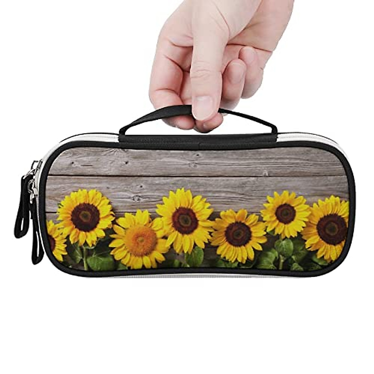 Autumn Sunflower Planks Printed Pencil Case Bag Stationery Pouch with Handle Portable Makeup Bag Desk Organizer