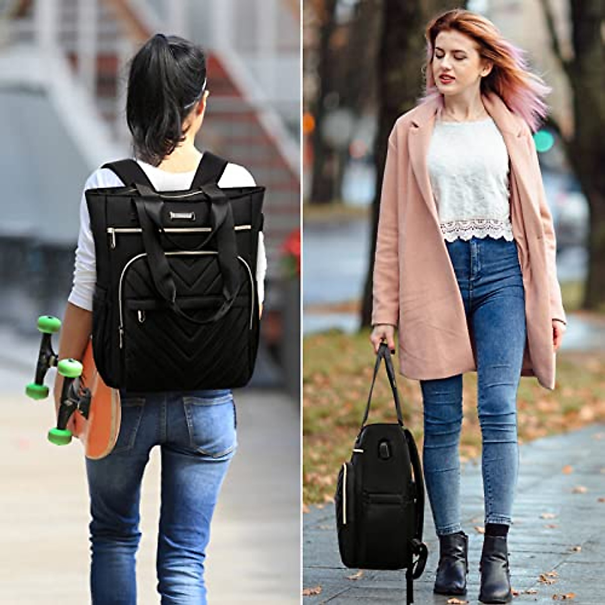 Backpack Purse for Women, Large Wide Open Bookbag with USB Charging Port Nurse Teacher Tote Bag, 15.6 Inch Convertible Work Laptop Bag, Water Resistant Daypack for College, Travel, Business, Black