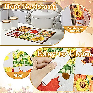 FRAMICS Fall Placemats Set of 6, Thanksgiving Fall Maple Leaves Placemats, Autumn Sunflower Pumpkin Table Mats, Washable Heat Resistant Kitchen Placemats for Holiday Party Family Dinner Table Decor