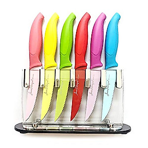 Jean-Patrique Non-Stick Steak Knife 6 Piece Set | Steel Blades Protector FREE Perspex Clear Knives Block