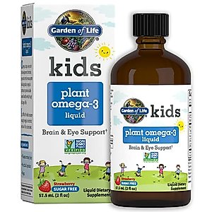 Garden of Life Plant Omega-3 Ala, Dha & Epa Supplement for Children -Liquid, Strawberry - Vegan Brain & Eye Support for Kids, Sugar Free & Non-GMO - 2 Fl Oz