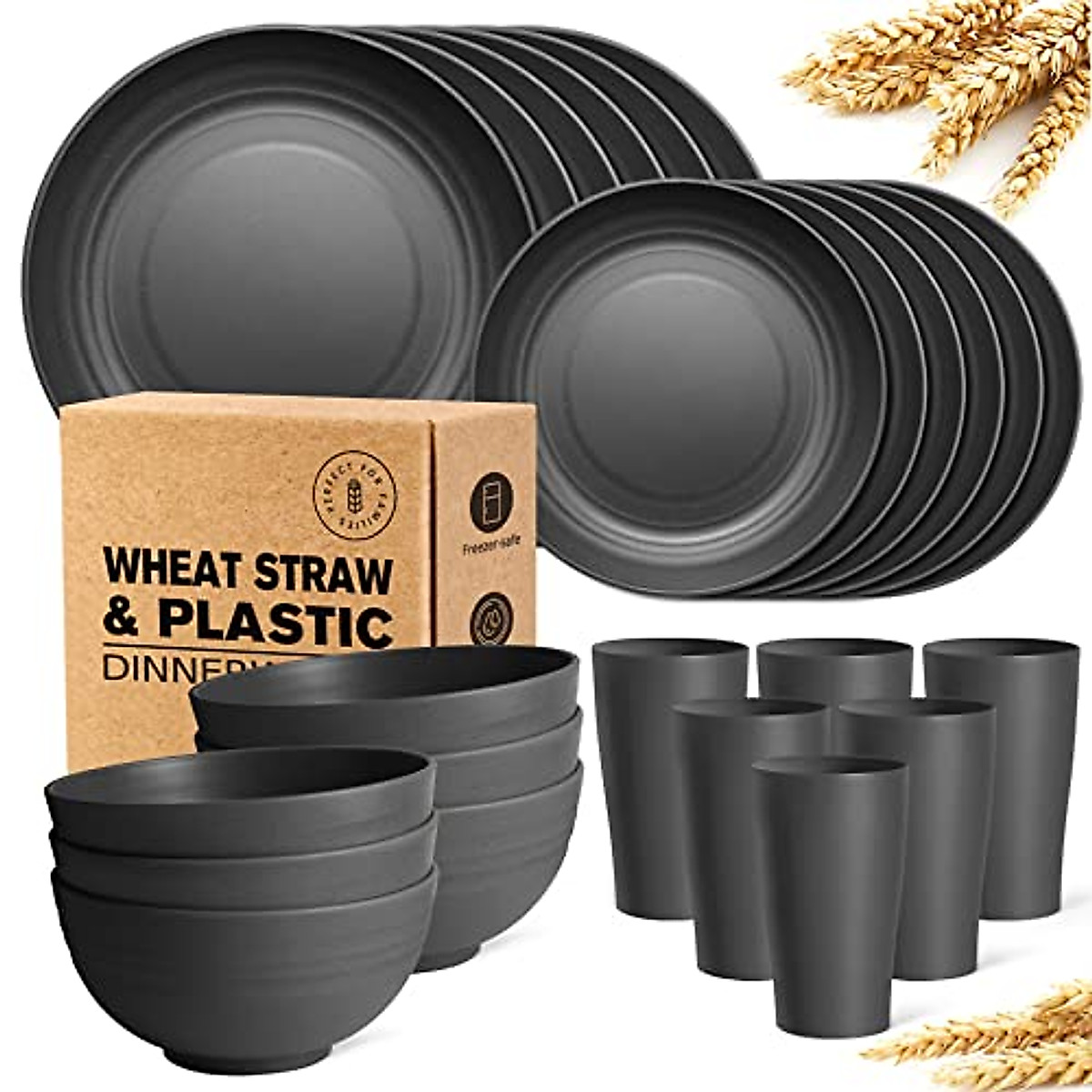Teivio 24-Piece Kitchen Plastic Wheat Straw Dinnerware Set, Service for 6, Dinner Plates, Dessert Plate, Cereal Bowls, Cups, Unbreakable Plastic Outdoor Camping Dishes, Black