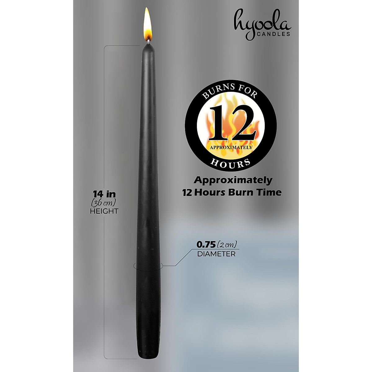 12 Pack Tall Taper Candles - 14 Inch Black Dripless, Unscented Dinner Candle - Paraffin Wax with Cotton Wicks - 12 Hour Burn Time
