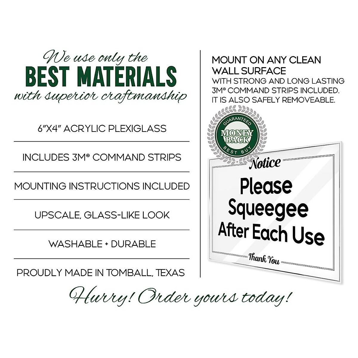 Airbnb Essentials for Hosts Bathroom Signs - 4"x6" Acrylic Sign w/Mounting Tape - Please Squeegee After Each Use Bathroom Sign Rental Home Necessities - Bathroom Door Signs