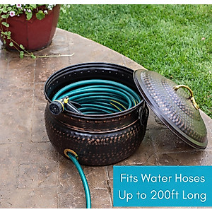 BIRDROCK HOME Decorative Water Hose Holder with Lid | Holds 200ft Hoses | Distressed Bronze | Ground Garden Hose Pot | Handle | Embossed | Steel Metal with Copper Accents | Outdoor or Indoor Use