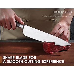 DRAGON ROIT Japanese Knives Set Damascus Pattern Chef Knife Set for Kitchen with Roll Bag, Sharp 14Pcs Stainless Kitchen Knife Set Brown Handle