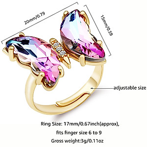 MISS RIGHT Butterfly Crystal Ring for Women: 18K Gold Plated Vintage Boho Cute Finger Knuckle Adjustable Chunky Rings Aesthetic (Lt.Purple)