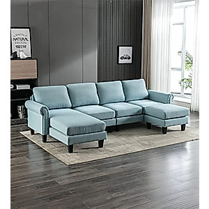 Sectional Sofa Set,Living Room Sofa Set Modular Sectional Sofa with Reversible Chaise,U-Shaped Sofa Sleeper with Ottoman,Multifunctional Sectional Couch for Living Room Apartment Office,Light Blue