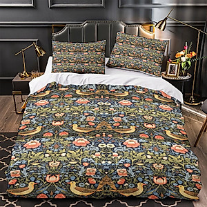LITINGZHILONG William Morris Floral Bed 3 Piece Set, Vintage Flower Strawberry Bird Vintage Bohemian Plant Vintage Theme Bed Cover, 2 Pillowcases 1 Duvet Cover Bedding Bohemia Queen