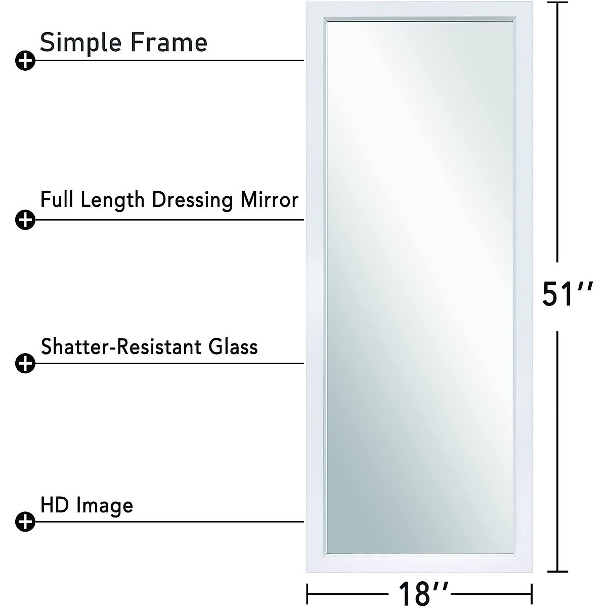 PexFix Door Mirror Full Length 51"x18" Over The Door Rectangle Sleek White Frame Space Saving Floor Mirror Dressing Hanging Wall Mounted Mirror (US-MHJ002-WH+USAM019)