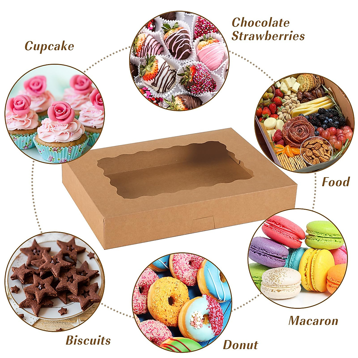 Moretoes 24 Pack Cookie Boxes, 14 x 10 x 2.5 Inches Kraft Bakery Boxes with Window, Brown Treat Boxes for Chocolate Strawberries, Donuts, Pies, Muffins and Pastries