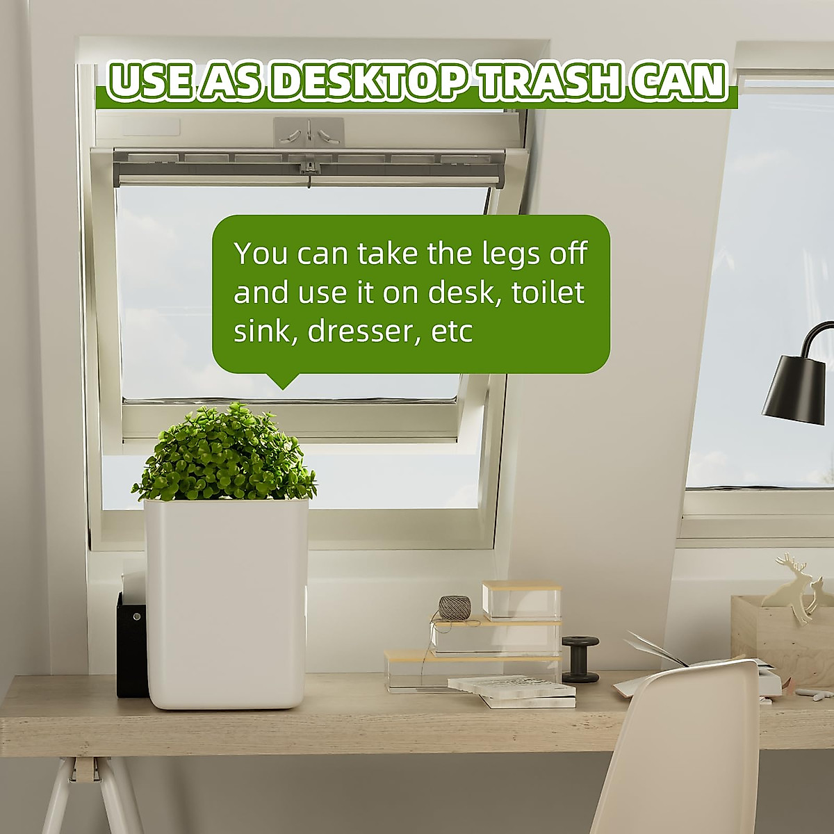 TODAYGO Nordic Trash Can with Plant Styled Lid, 2.6Gal/10L Small Bathroom Trash Can Dog Proof, Decorative Modern Plastic Waste Basket for Office, Study Room, Outside Pet Waste Container,Cream White