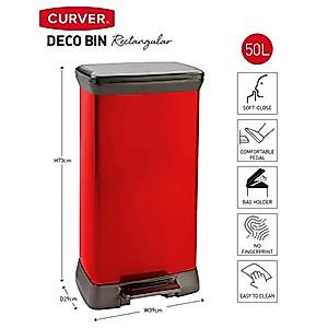 CURVER Metal Effect Kitchen One Touch Deco Bin, Red, 50 Litre