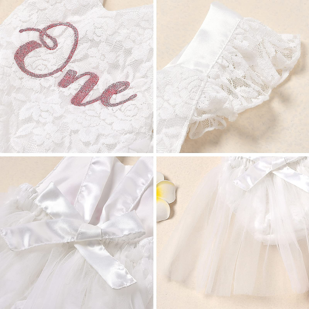 Baby Girl's 1st First Birthday Cake Smash Outfit Flutter Short Sleeve Lace Romper Tutu Tulle Dress Bodysuit with Crown Headband 2pcs Clothes Set One Year Old Party Photo Shooting Props White 9-12M