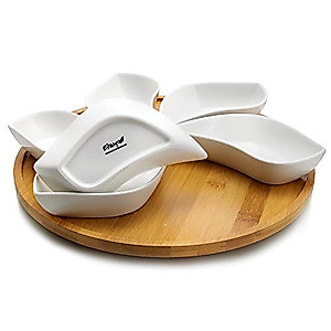 Elama Signature 7 Piece Modern Lazy Susan Appetizer and Condiment Server Set with 6 Unique Design Serving Dishes and a Bamboo Lazy Suzan Serving Tray, 13.5" L