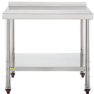 VEVOR Stainless Steel Prep Table, 24 x 15 x 35 Inch, 440lbs Load Capacity Heavy Duty Metal Worktable with Backsplash Adjustable Undershelf & 4 Casters, Commercial Workstation for Kitchen Restaurant