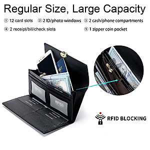 Repterbo Womens Wallets RFID Blocking Genuine Leather Trifold Wallet for Women Long Clutch Card Large Cute Ladies Wallet Black